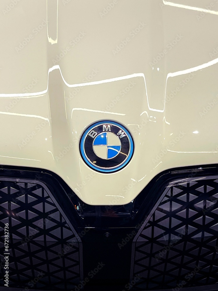 Brand BMW. Close-up of hood of BMW car with a round Autobrand nameplate ...