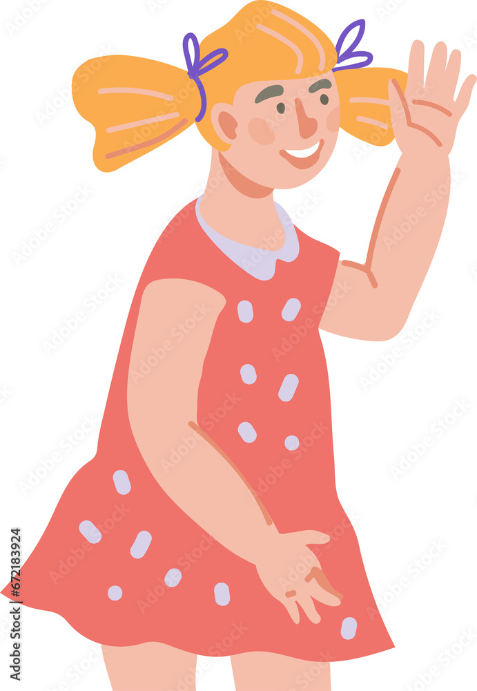 Smiling child girl of elementary school or kindergarten age waving ...
