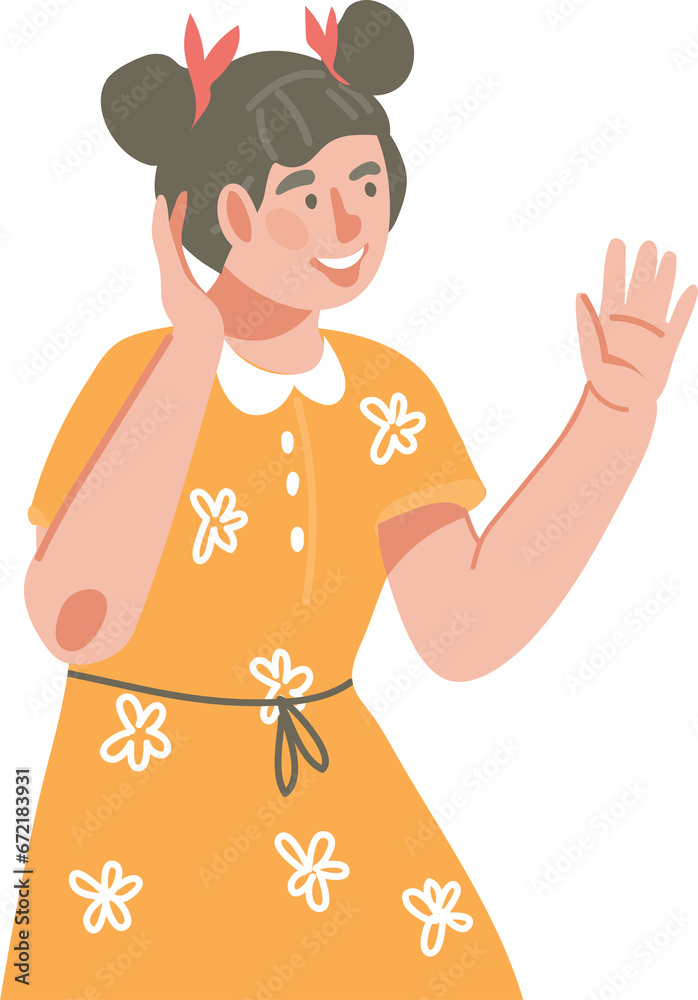 Cheerful little girl raises her hands as a sign of surprise and joy ...