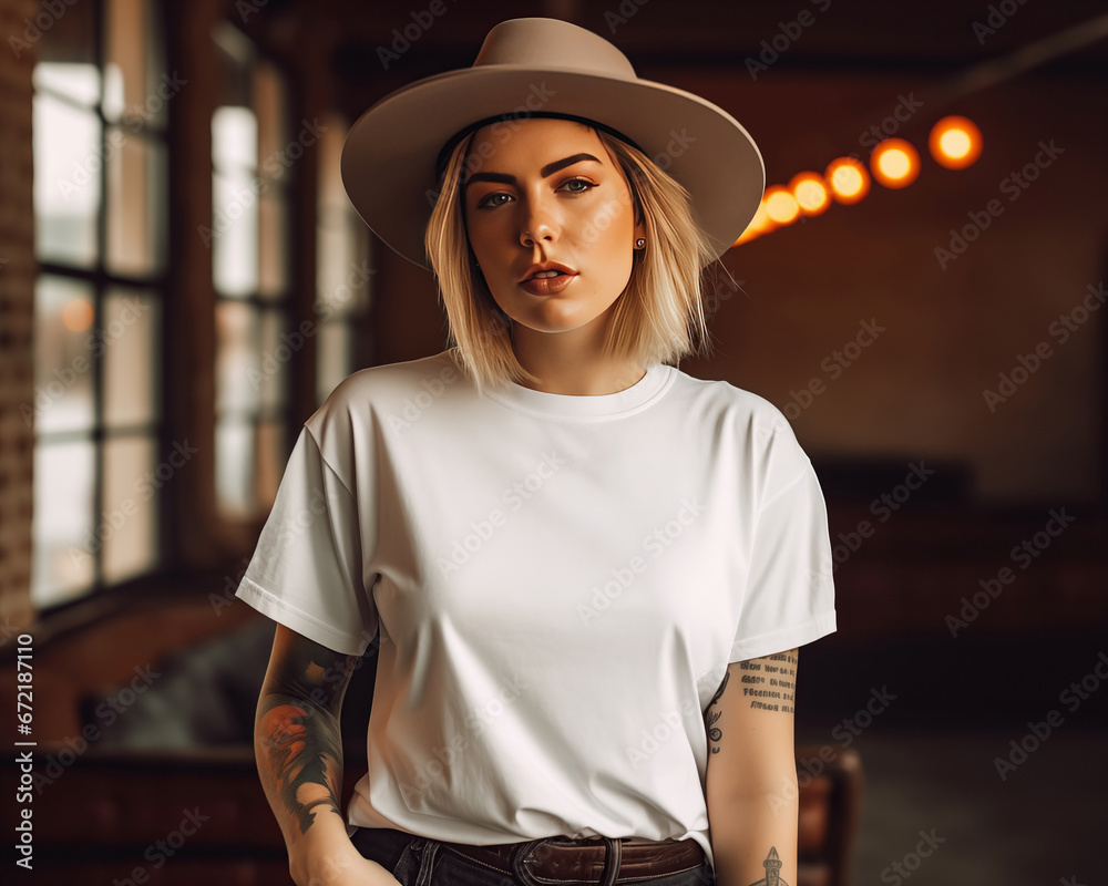 tshirt mock up cowgirl: A woman wearing a white tshirt mockup blank ...