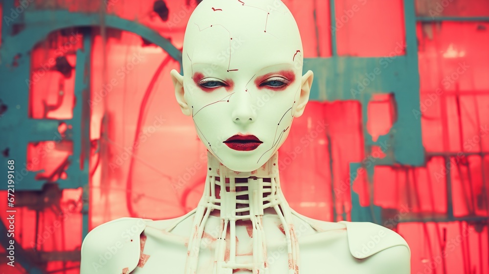 Cyberpunk slum junkyard cyber female robot, imperfect and expired scrap ...