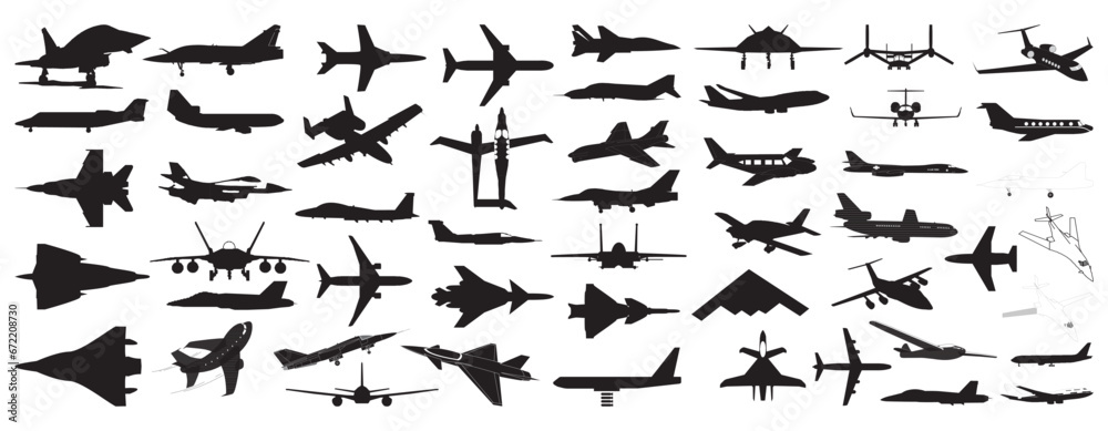 silhouette of Passenger and Fighter Aircraft Airplanes in outlines ...