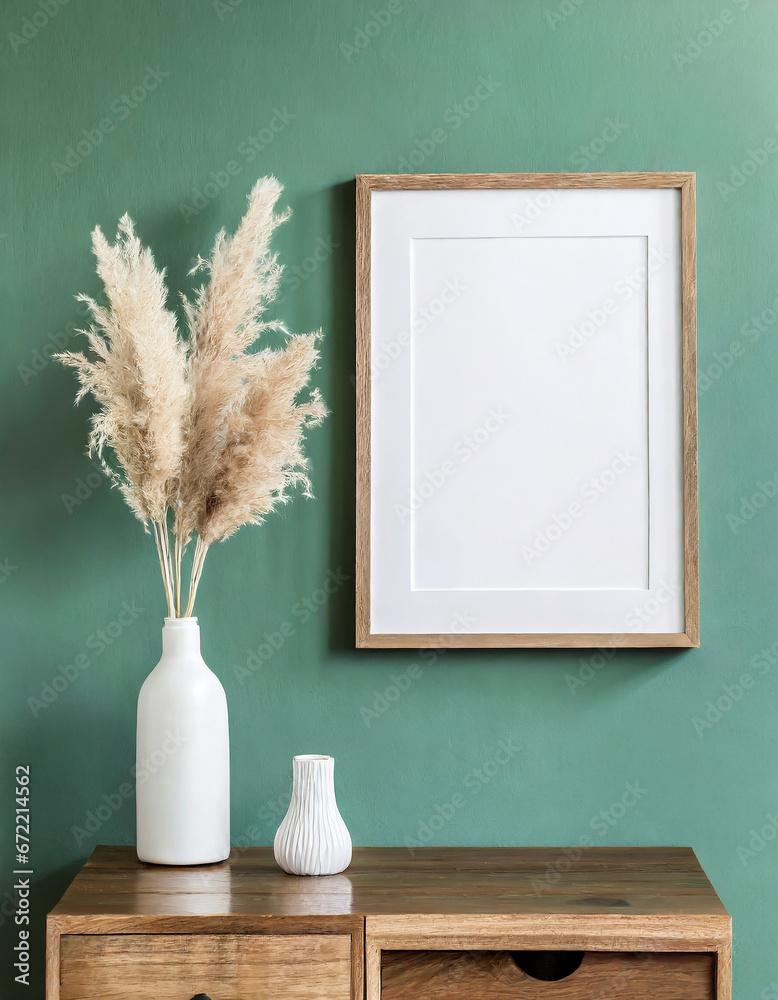 Wood side table, vase with pampas grass twigs near blank mockup poster ...