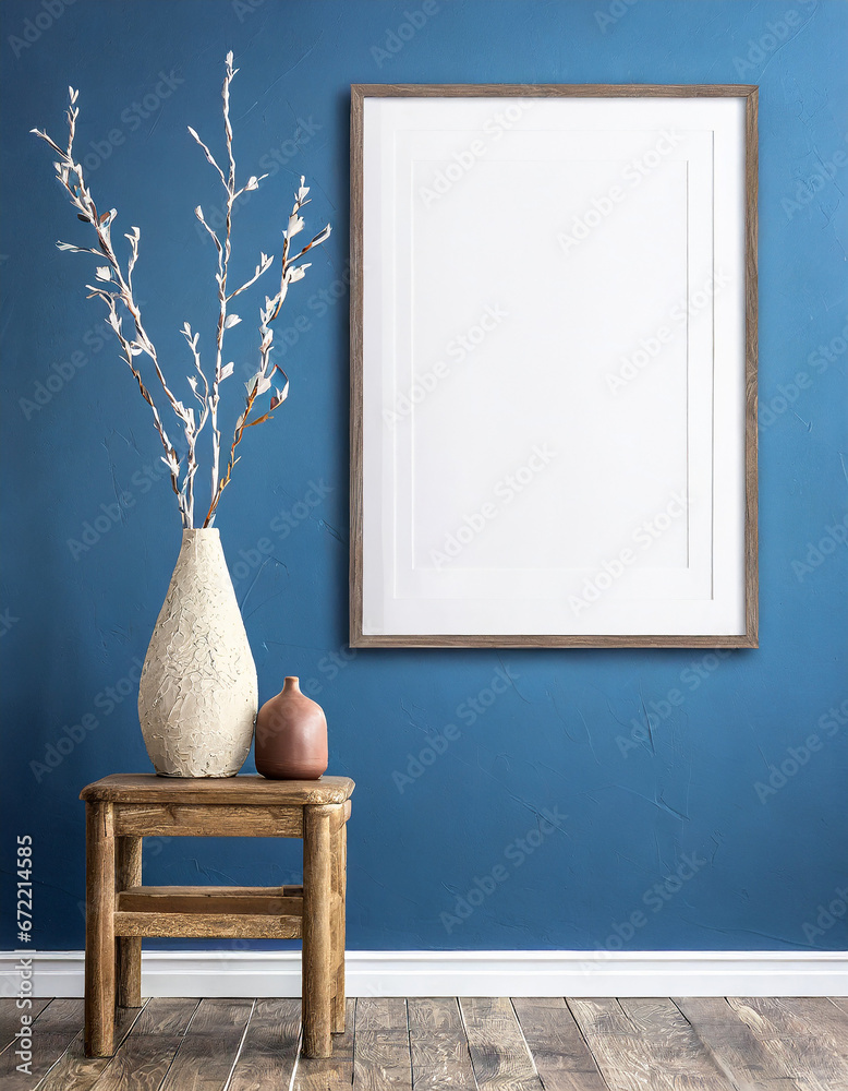 Wood side table, vase with twigs near big empty frame mock up poster ...