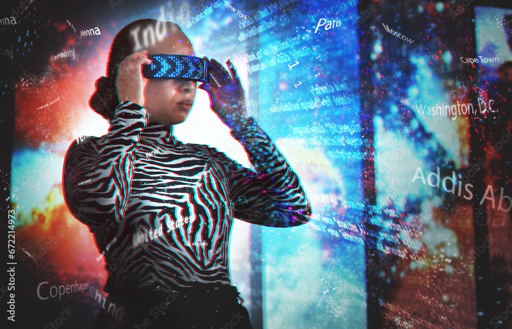 Metaverse, woman and virtual reality glasses with global overlay for ...