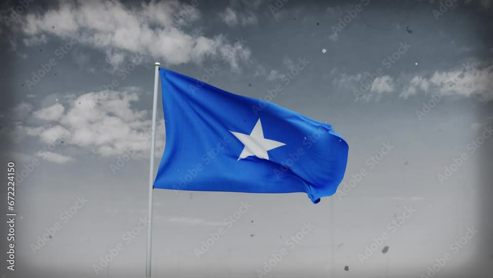 Somalia flag waving on sky background with vintage, old film, vignette ...