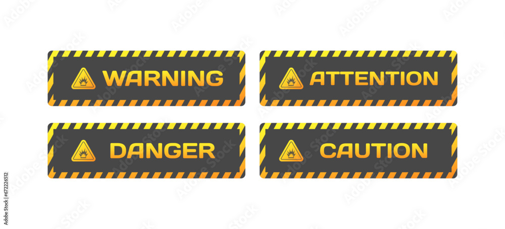 Warning, attention, danger, caution signs. Flat, yellow, danger signs ...