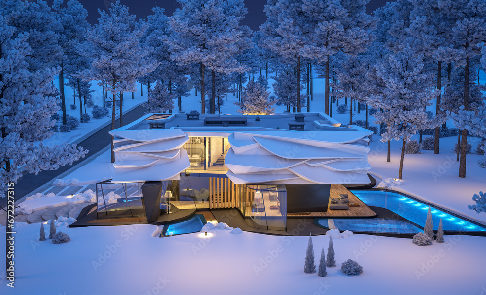 3d rendering of cute cozy modern house with bionic natural curves ...