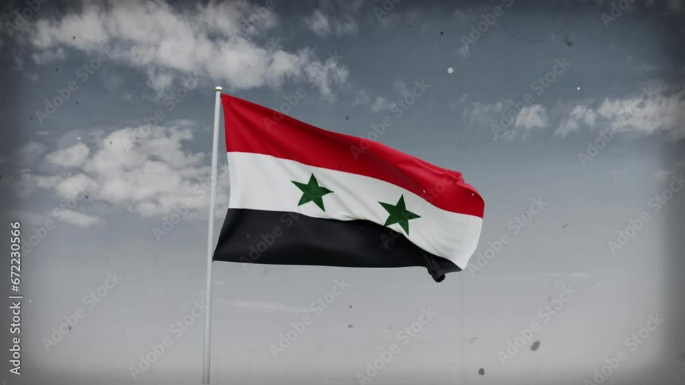 Syria flag waving on sky background with vintage, old film, vignette ...