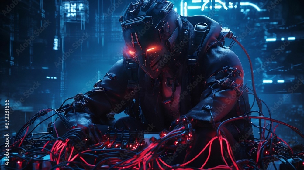Cyberpunk hacker inspecting the exposed wiring of an electronic device ...