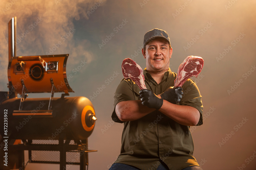 Barbecue master. Middle aged hispanic man for barbecue. Roasting ... Barbecue master. Middle aged hispanic man for barbecue. Roasting ...