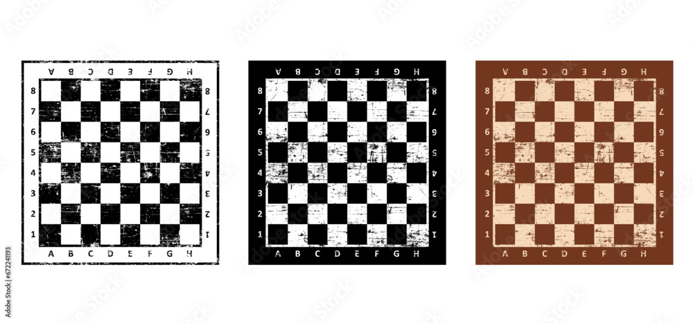 Old checker board. Chess pieces tower horse bishop, king queen Chess ...