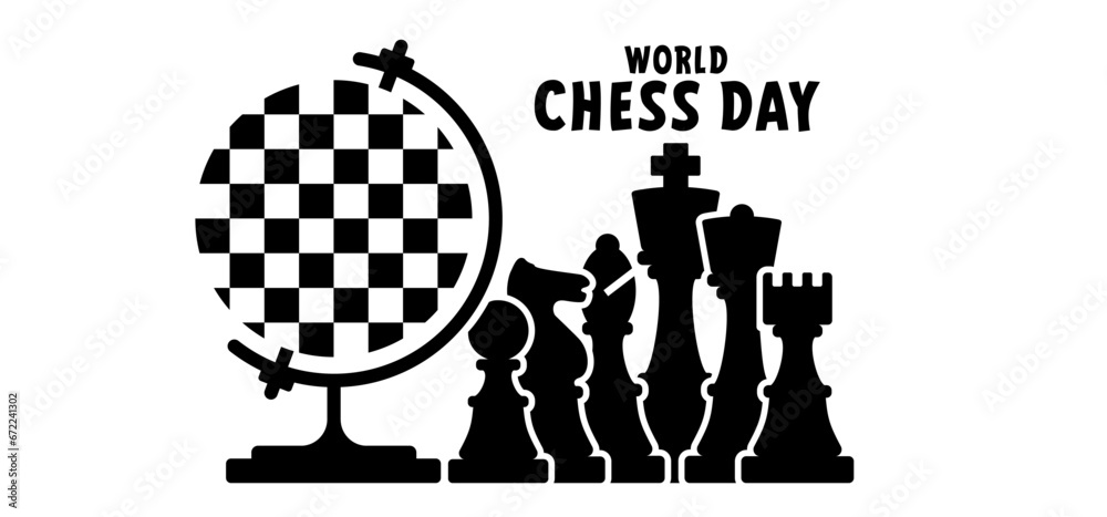 World chess day. Chess pieces tower horse bishop, king queen Chess ...