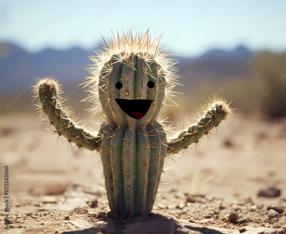 cute cactus with smiling emoticon face in middle of desert. many ...