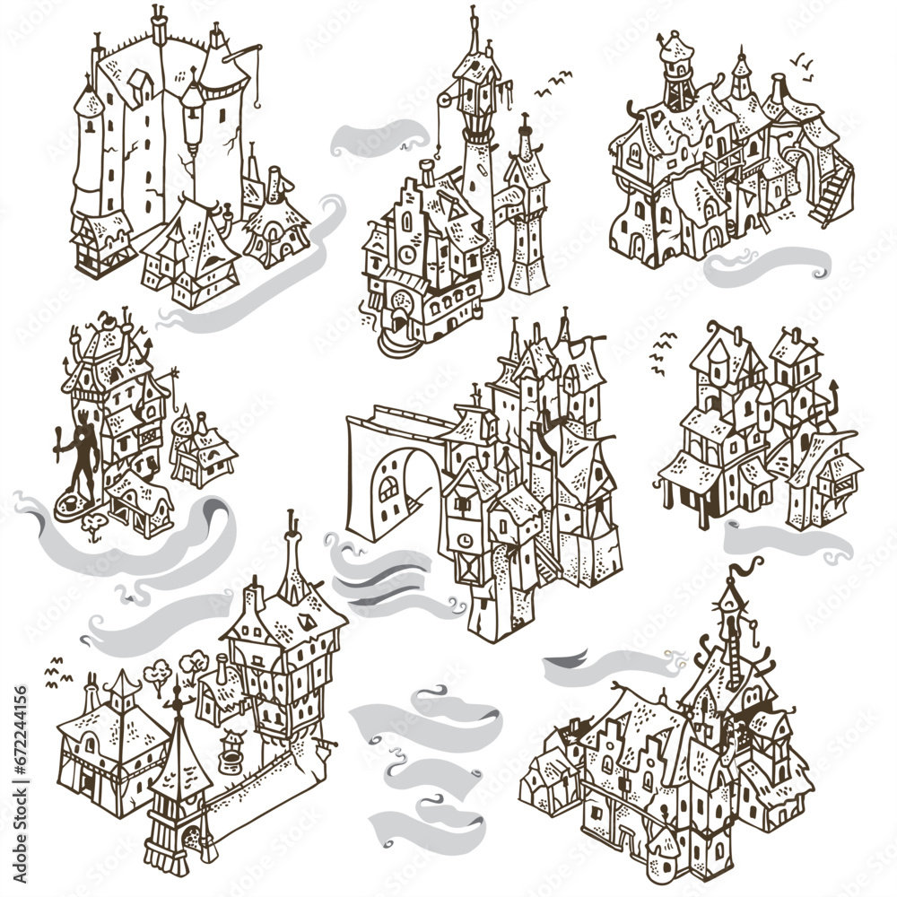 Plakát Strange Fantasy City and Line Art Building Hand Draw Vector ...