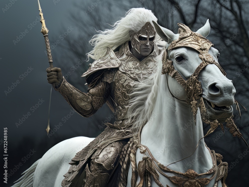 White horseman of apocalypse warrior in golden armor riding white horse ...