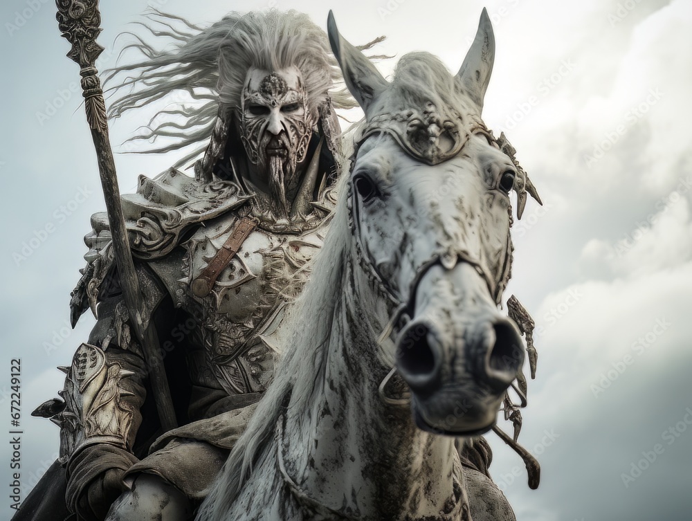 White horseman of apocalypse warrior in golden armor riding white horse ...