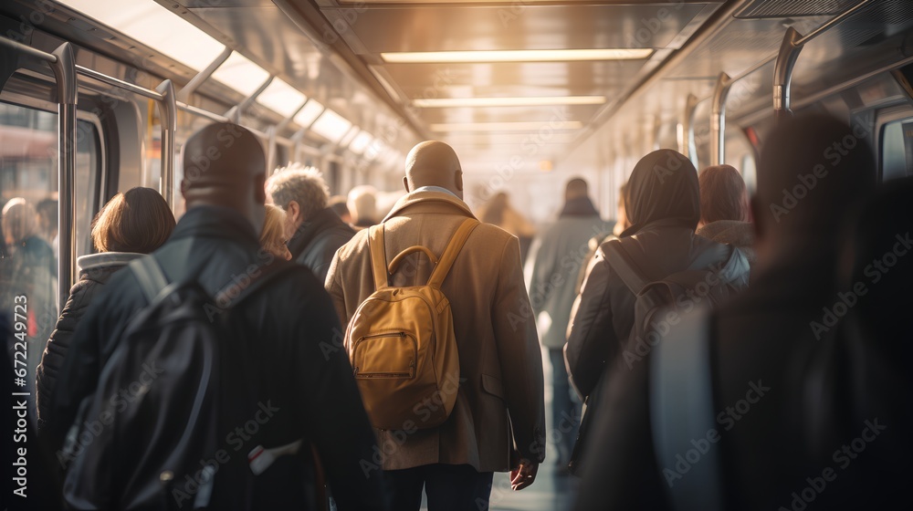 Diverse individuals commuting in a public transport setting. The image ...