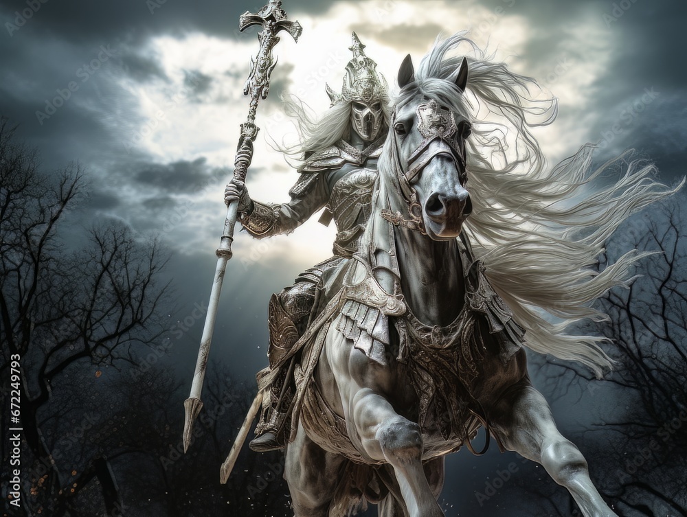 White horseman of apocalypse warrior in golden armor riding white horse ...