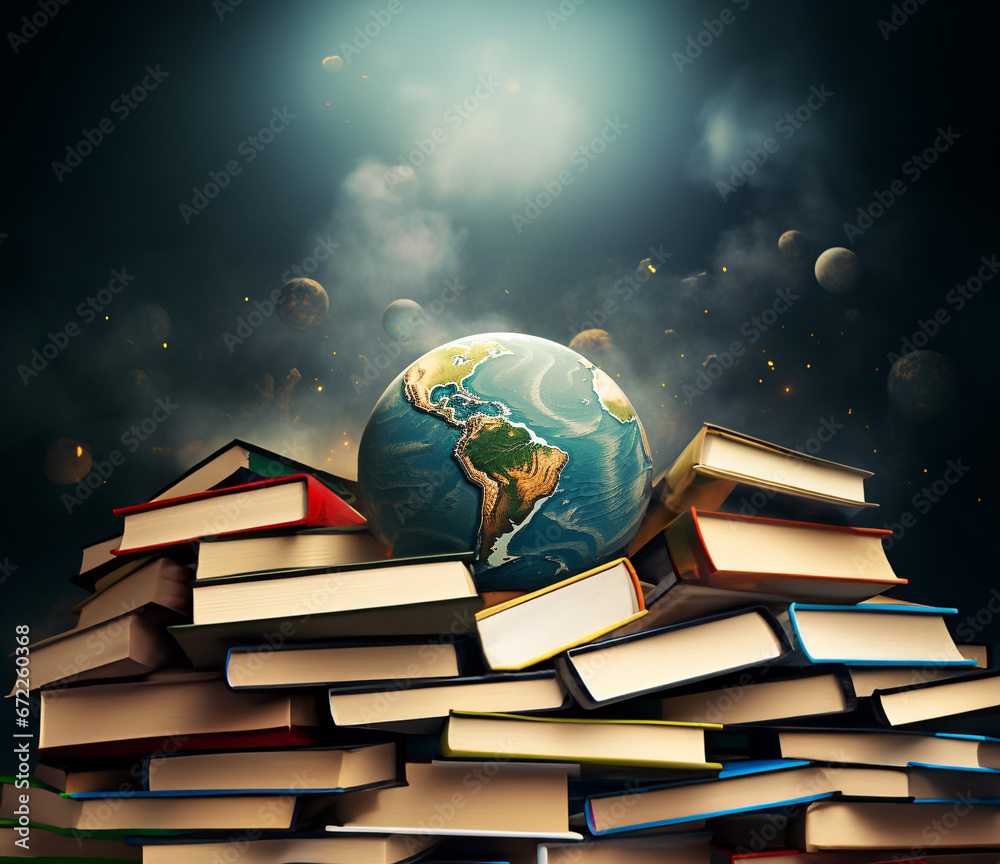 Globe of planet earth and pile of old books, world book day, reading ...