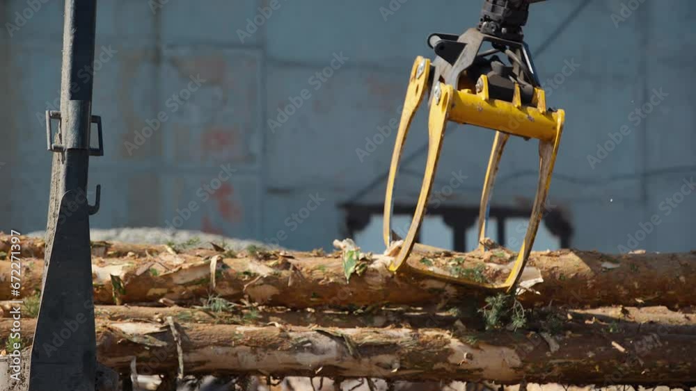 Industrial Equipment Lifts Heavy Wood Log And Relocates It Into Cargo ...
