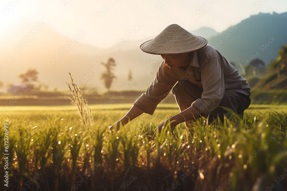 Workers working on a rice field, rice farming rice fields, rice farm ...