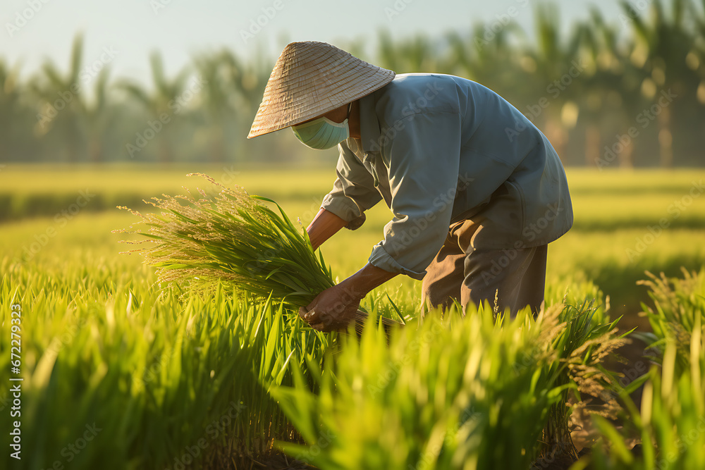 Workers working on a rice field, rice farming rice fields, rice farm ...