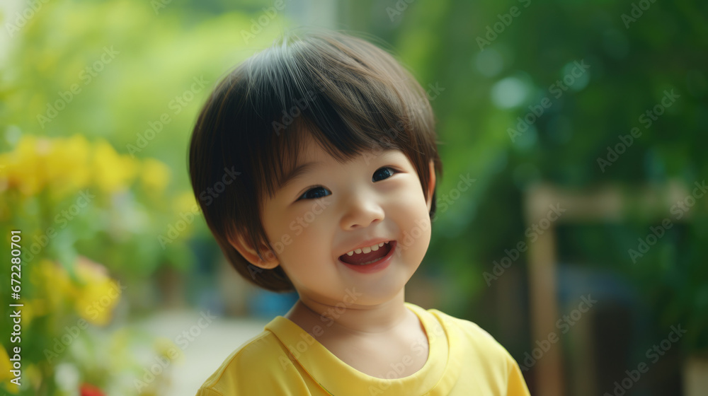 Smiling asian kid have fun. Funny little girl play outdoor. Pretty ...