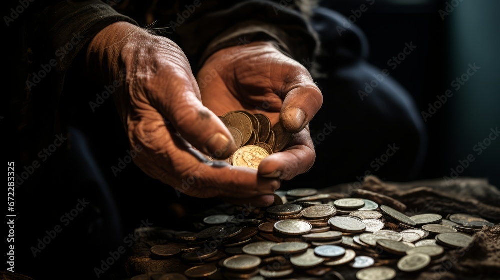 Hand old money coin person man people poor woman senior euro concept ...