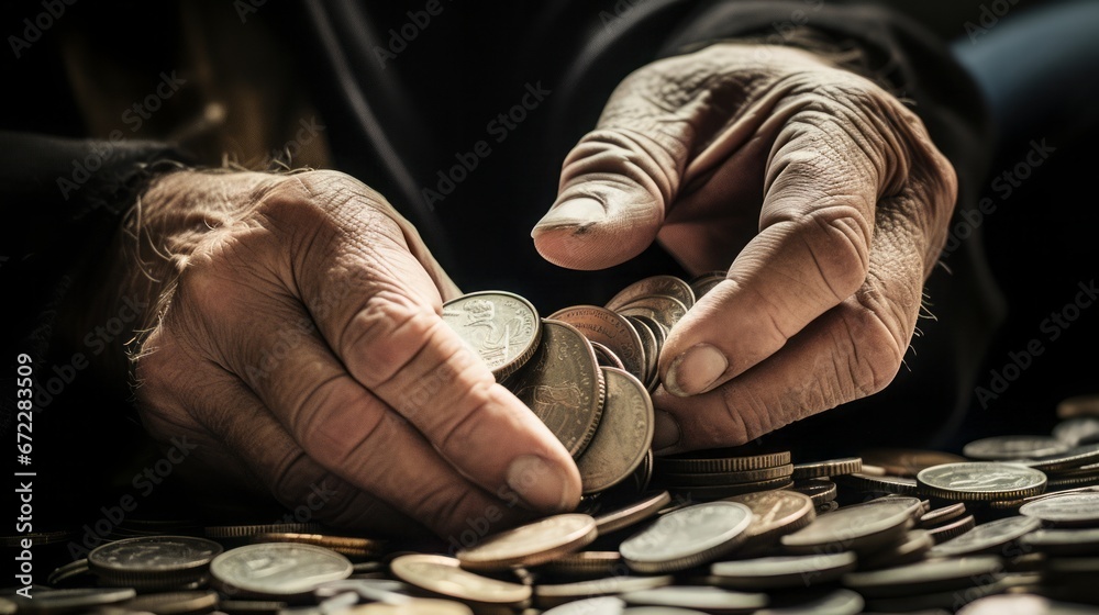 Hand old money coin person man people poor woman senior euro concept ...