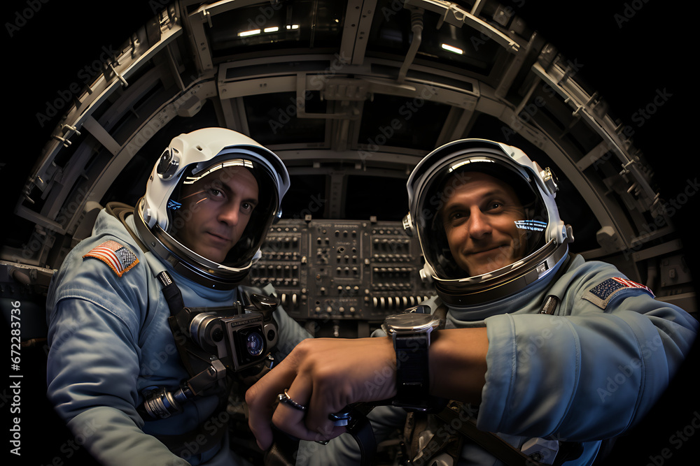 two men flying a spacecraft,space exploration, space craft, flying into ...