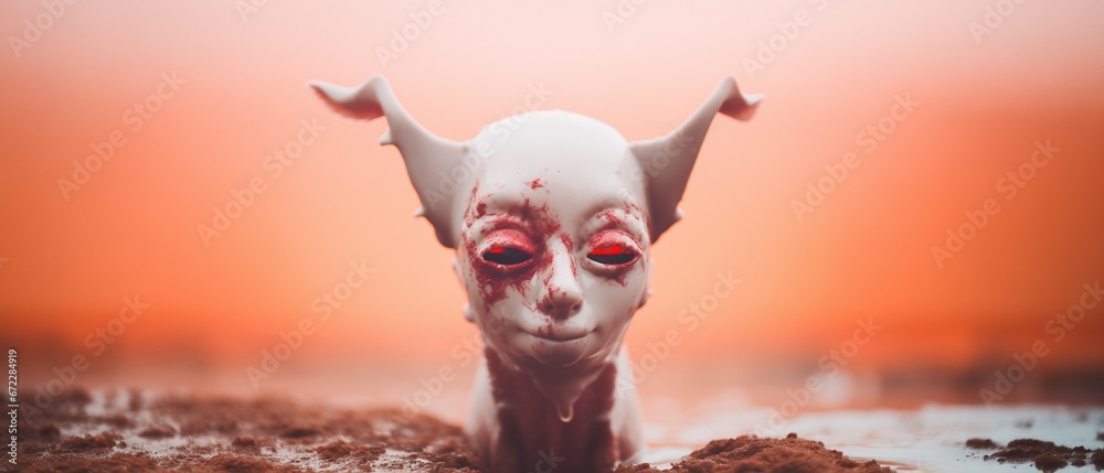 Bizarre pink silicone pig toy in dripping wet and submerged in mud pool ...