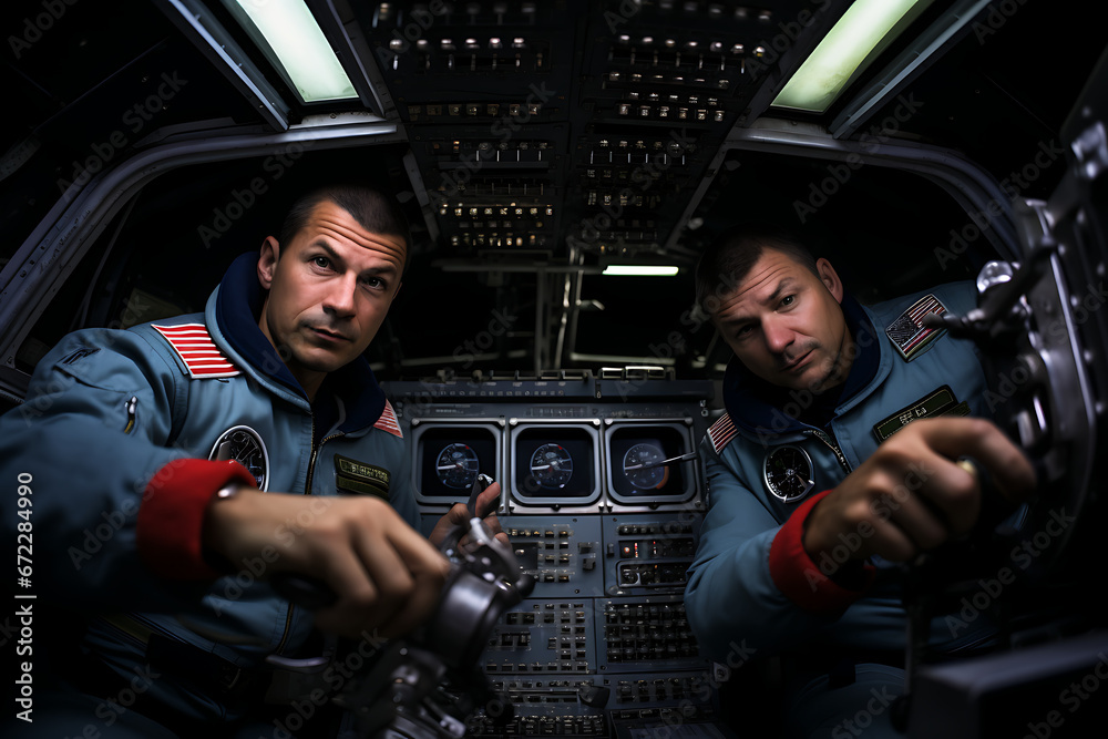 two men flying a spacecraft,space exploration, space craft, flying into ...