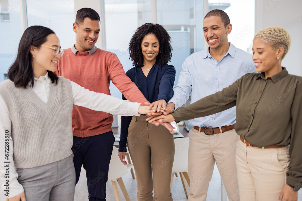 Team work, hands or happy business people in meeting planning together ...