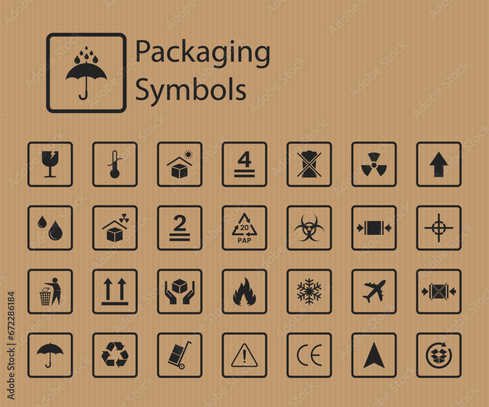 Packaging symbols set on cardboard background. Information icons for ...