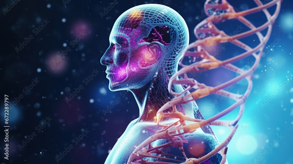 3d rendering illustration human DNA anatomy with neon light. AI ...