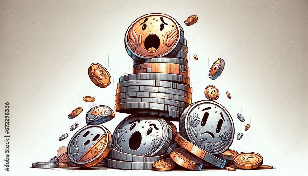 Artistic illustration of animated coins with expressive faces, tumbling ...
