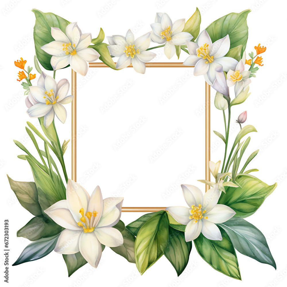 Watercolor green flower frame illustrations, template wedding ...