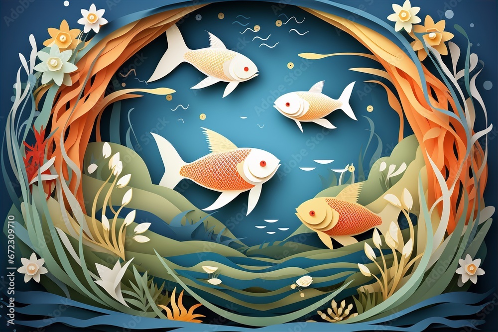 paper cutting art style of fish in pond in organic frame, nested shape ...
