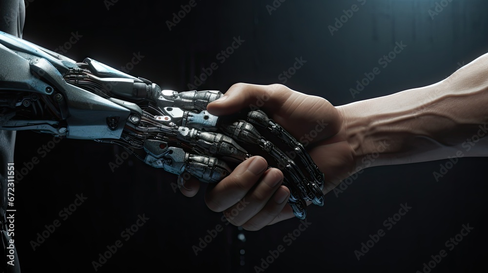 Human and robot handshake. Futuristic future concept. Digital ...