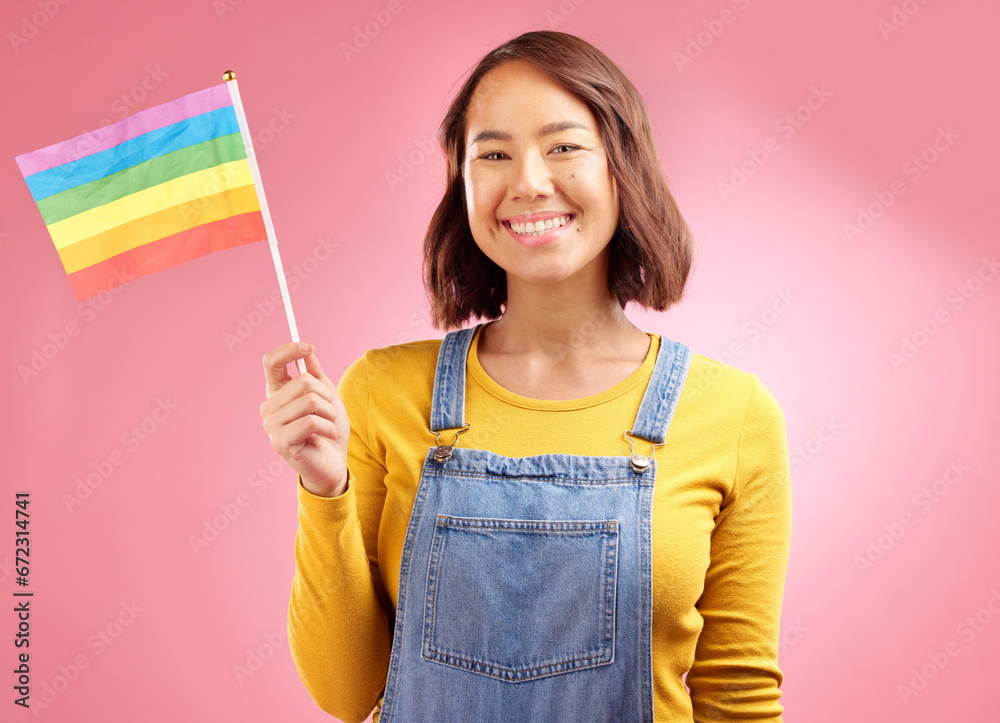 Woman, pride flag and studio portrait for smile, lgbtq goals and vote ...
