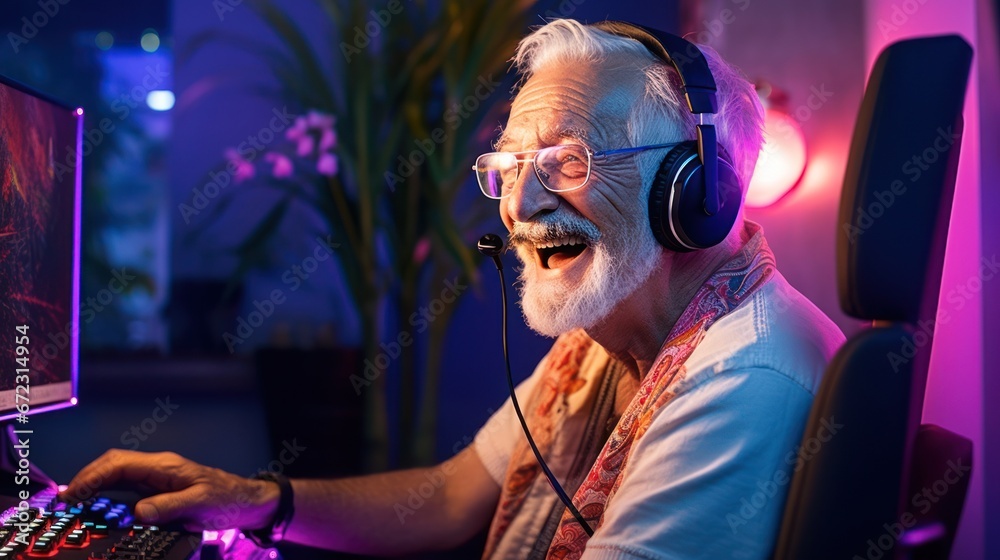 Old man gamer laughing and playing online games computer, Relaxation ...
