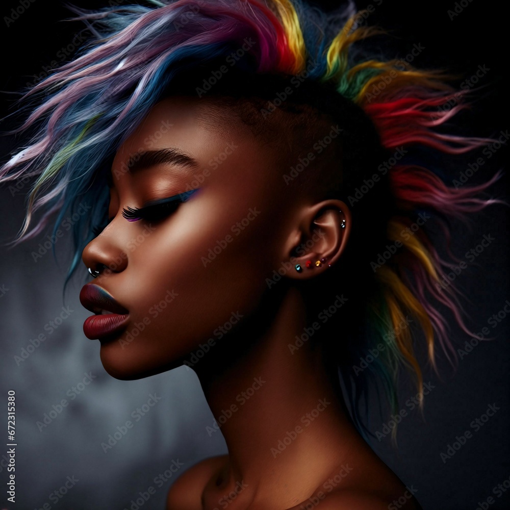 A young beautiful black African-american punk woman with rainbow ...