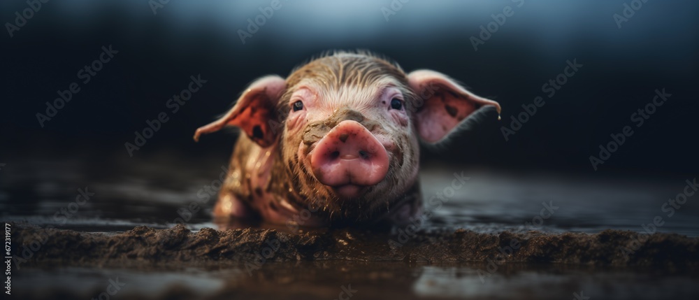 Happy as a pig in mud, pink piglet all smiles and joyful being as dirty ...