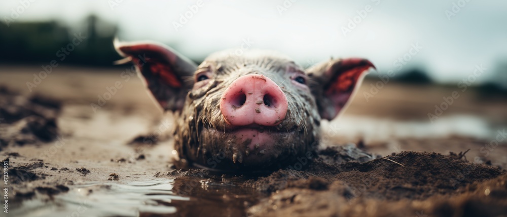 Happy as a pig in mud, pink piglet all smiles and joyful being as dirty ...