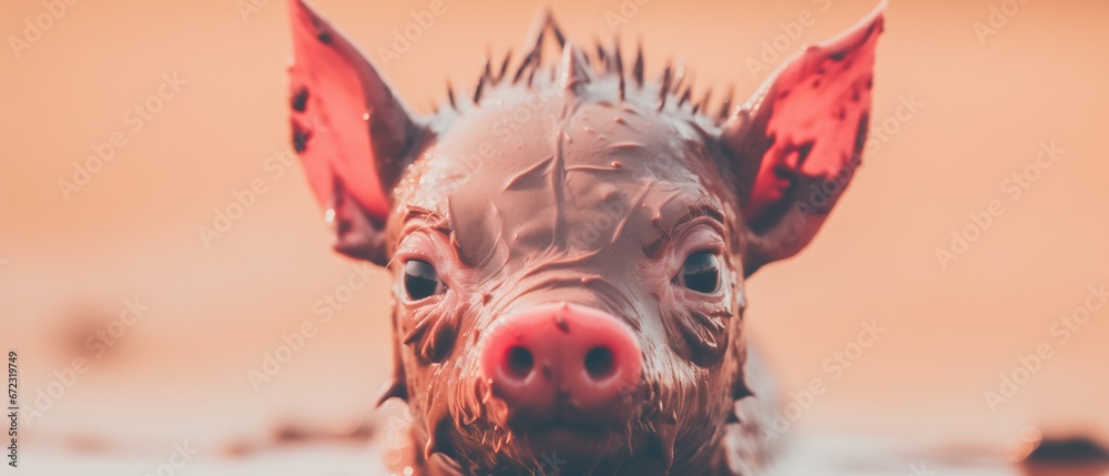 Happy as a pig in mud, pink piglet all smiles and joyful being as dirty ...
