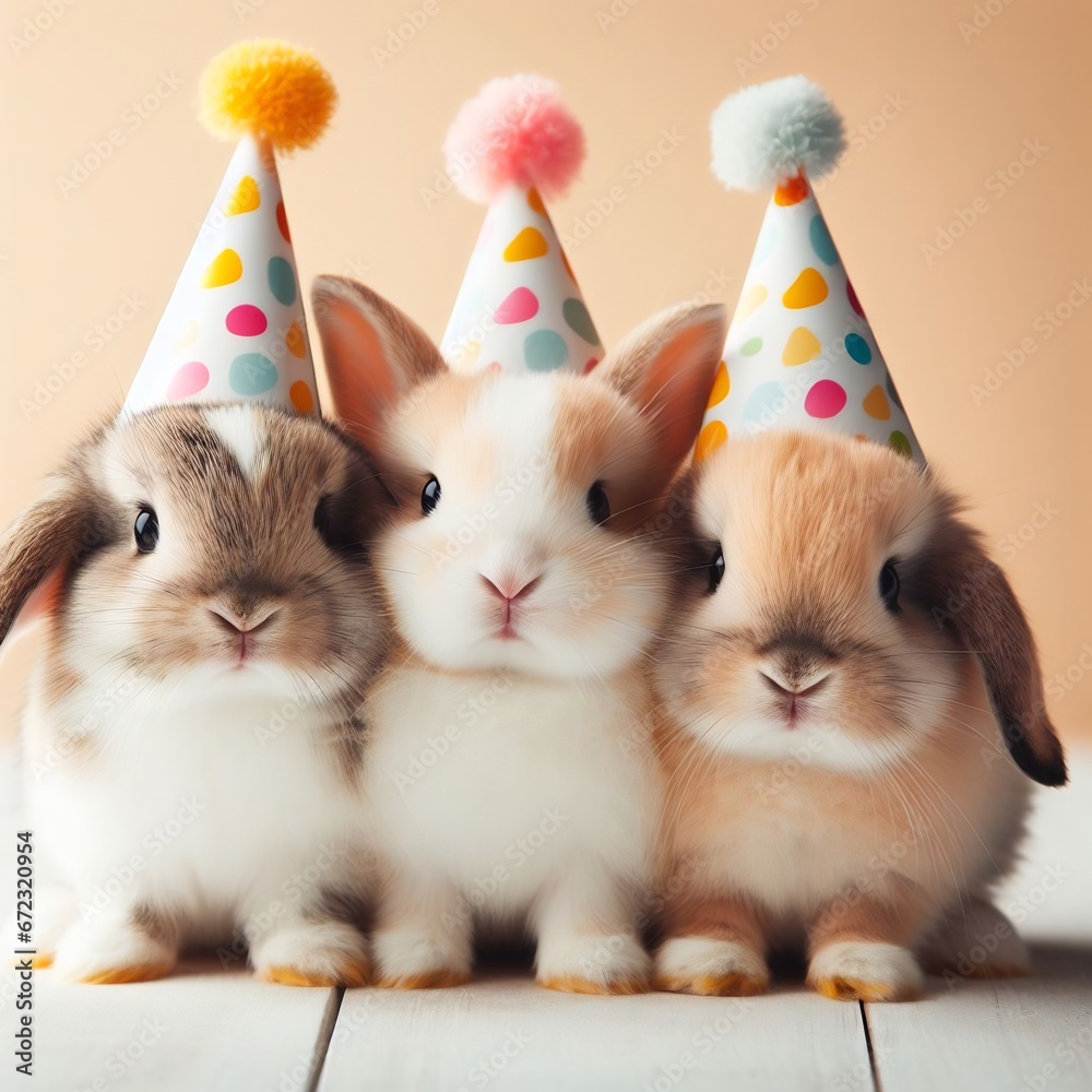 Baby Rabbit themed birthday card, three bunnies wearing party hats ...