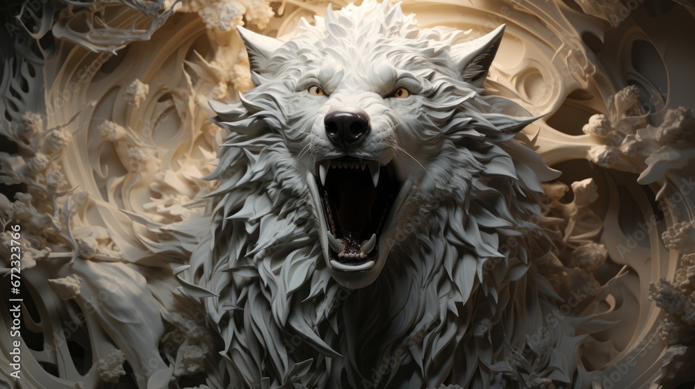 A fierce white wolf statue howls with primal passion, its open mouth a ...