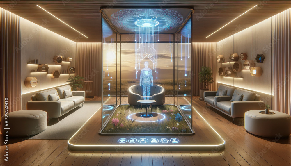 In a futuristic indoor room with glass walls and a reflective ceiling, a solitary figure sits on ...