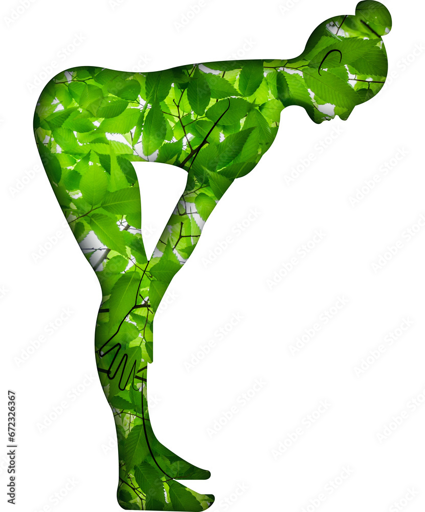 Yoga postures with green leaf print, nature effect. This image is part ...